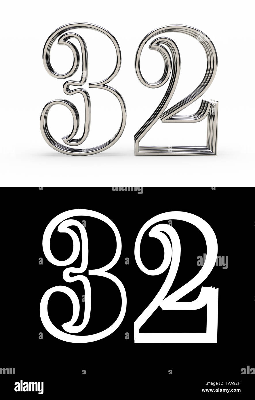 Silver number thirty-two years (number 32 years) with shadow, front ...