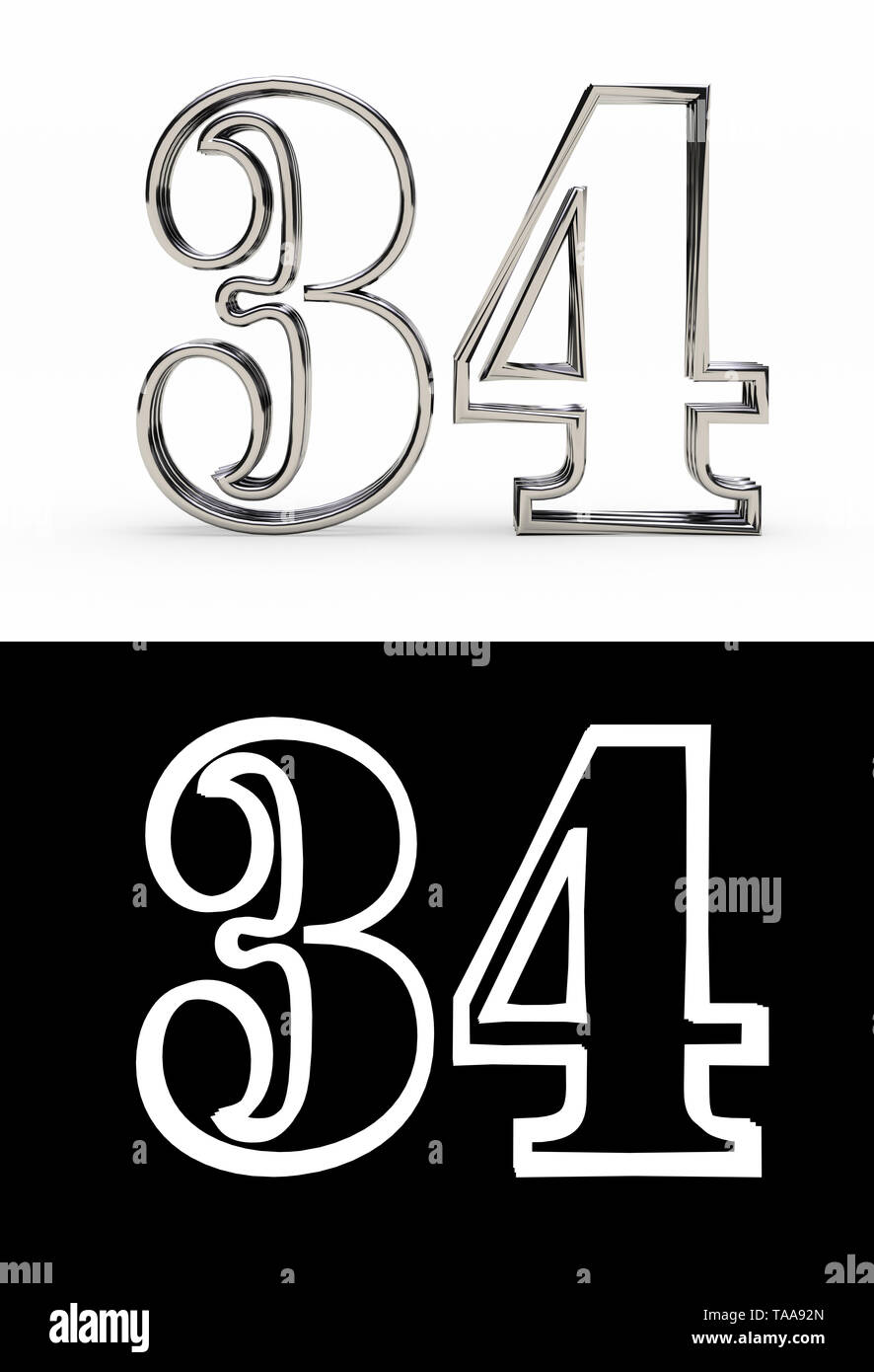 Silver number thirty-four years (number 34 years) with shadow, front ...