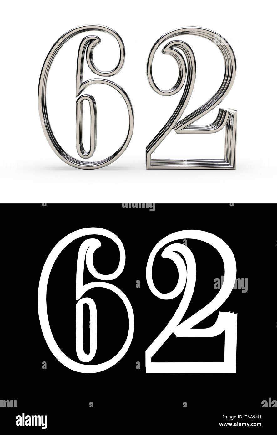 Silver number sixty-two years (number 62 years) with shadow, front view ...