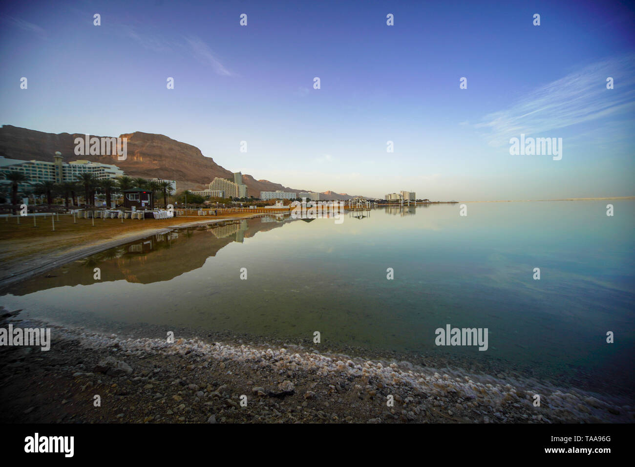 Hotels and a reflection in the Dead Sea, Israel as seen from south ...