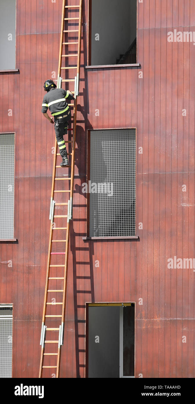 firefighter in action on the wooden ladder druing fire drill Stock ...