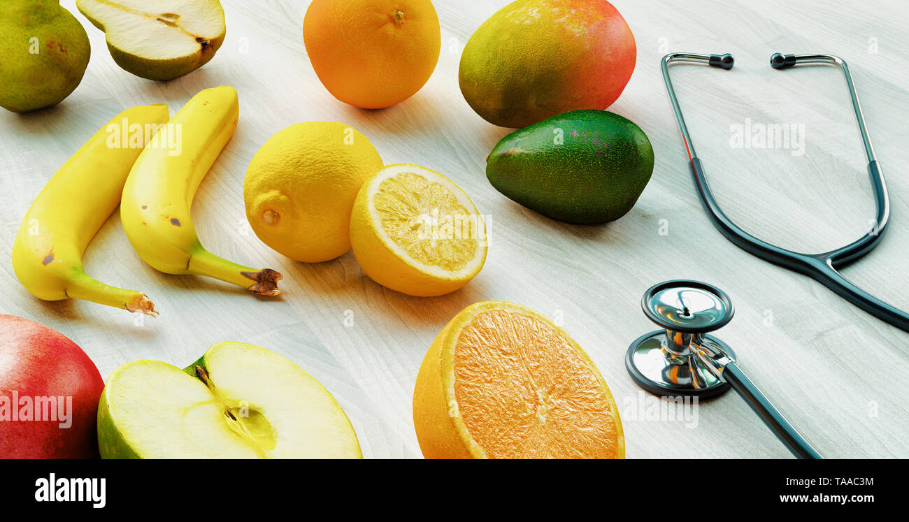 Table with stethoscope and fruit, diet, 3d rendering Stock Photo - Alamy