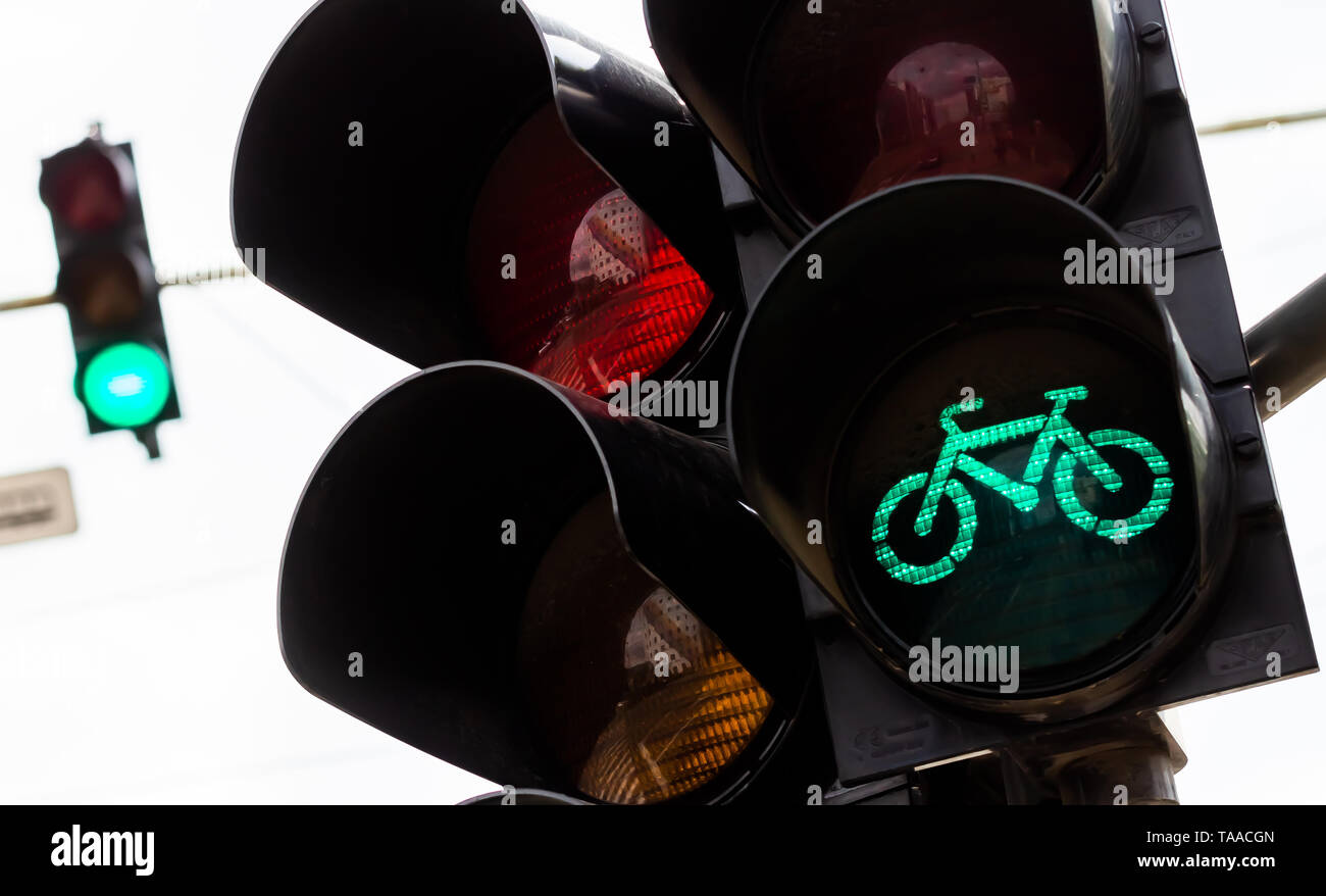 Bucharest, Romania - May 01, 2019: Traffic lights with red light on and ...