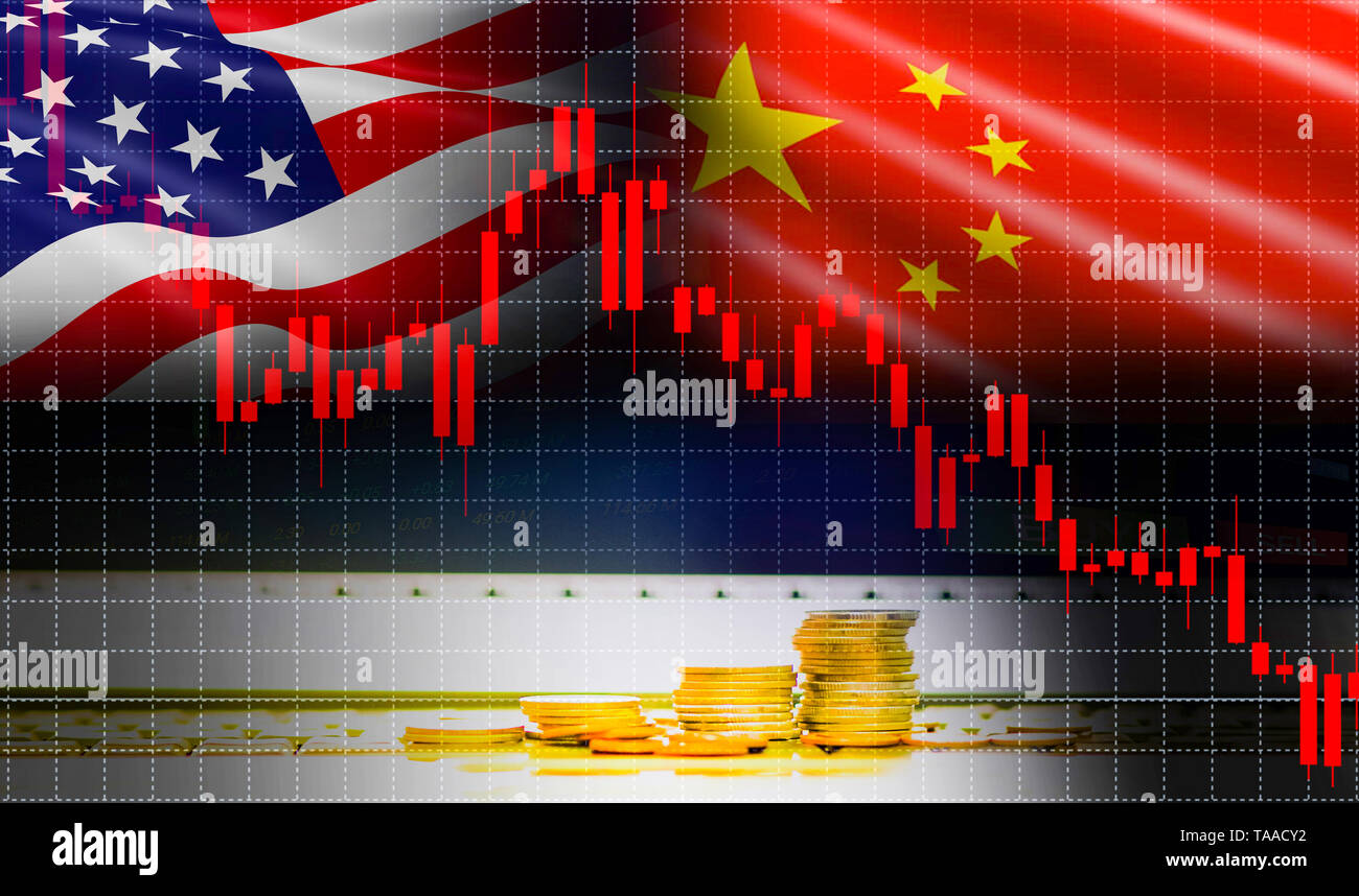 Trade war economy USA America and China flag candlestick graph Stock ...
