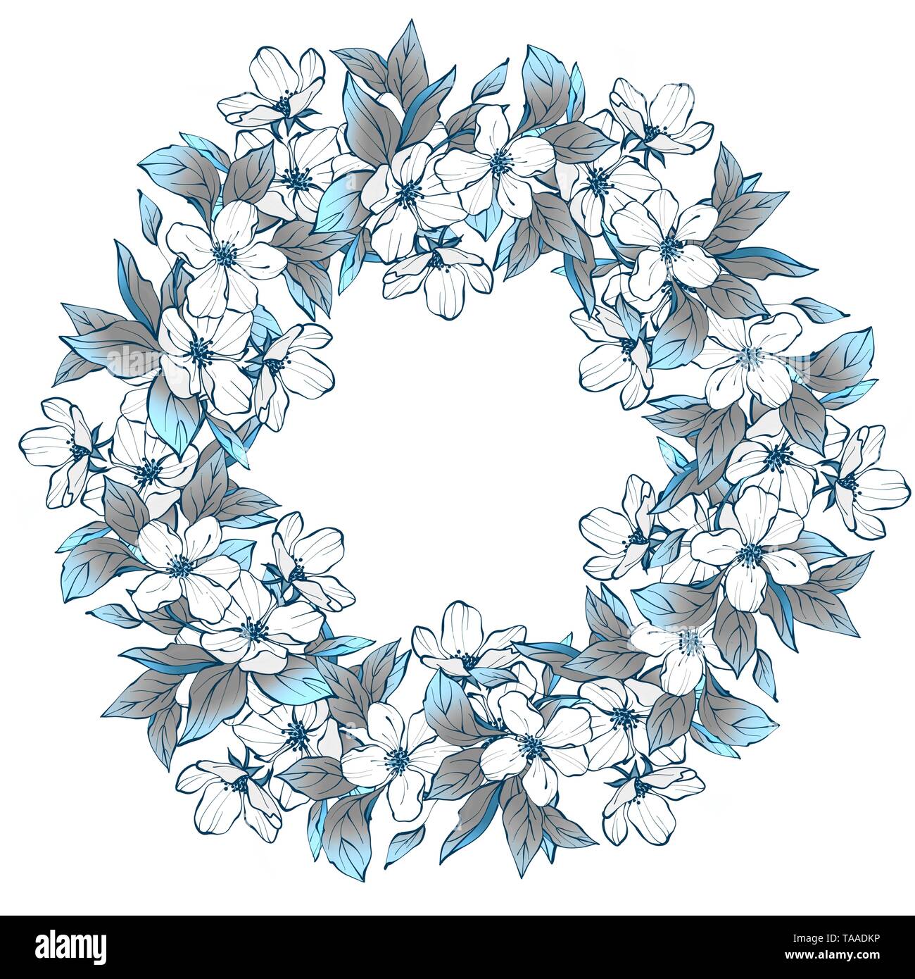 Round frame with leaves and flowers . Line art illustration Stock Photo ...