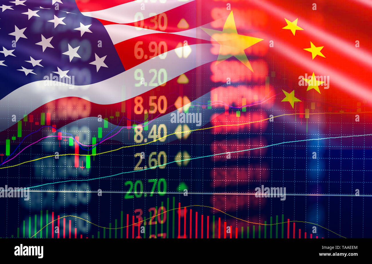Trade war economy USA America and China flag candlestick graph Stock ...