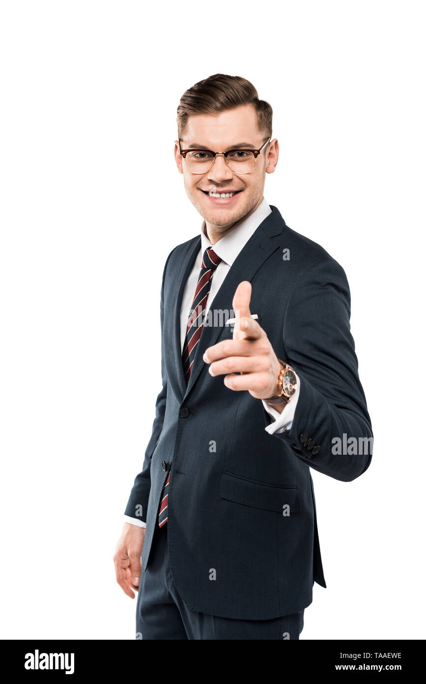happy businessman pointing with finger and smiling isolated on white ...