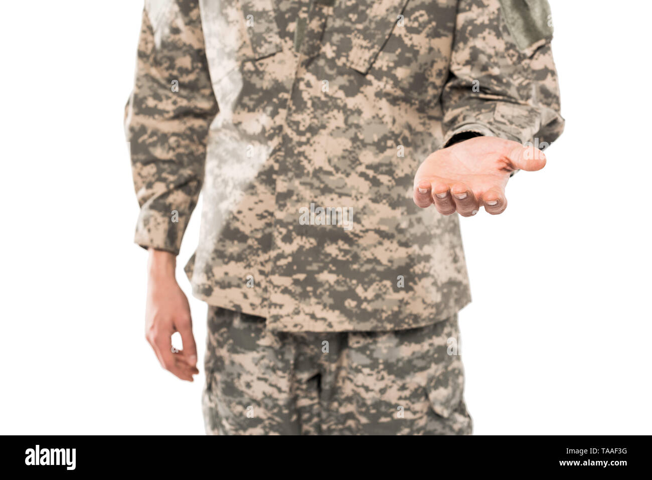 cropped view of soldier in military uniform gesturing isolated on white ...