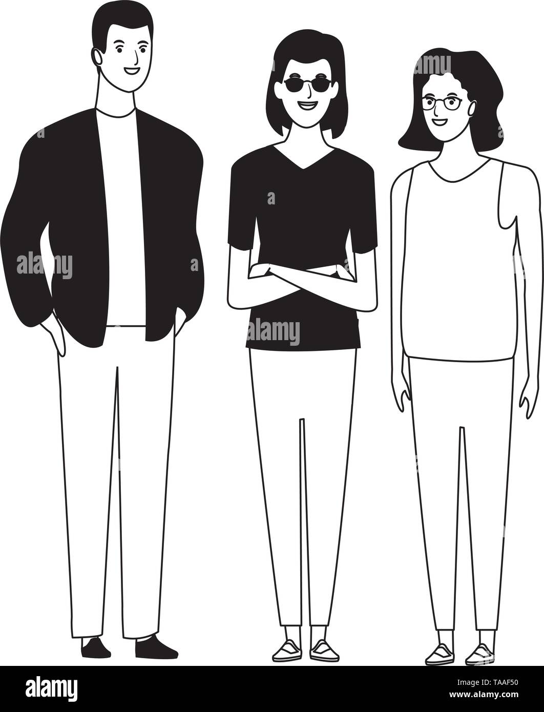 group of people avatar cartoon character in black and white Stock ...