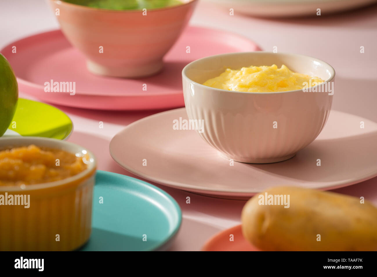 Natural baby food concept. Different types of vegetable puree on the ...