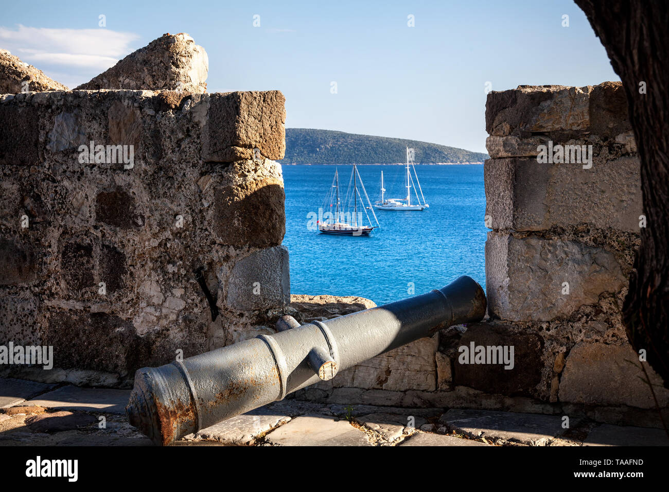 View to the Bay with boats in Aegean Sea from the Wall of Bodrum Castle ...