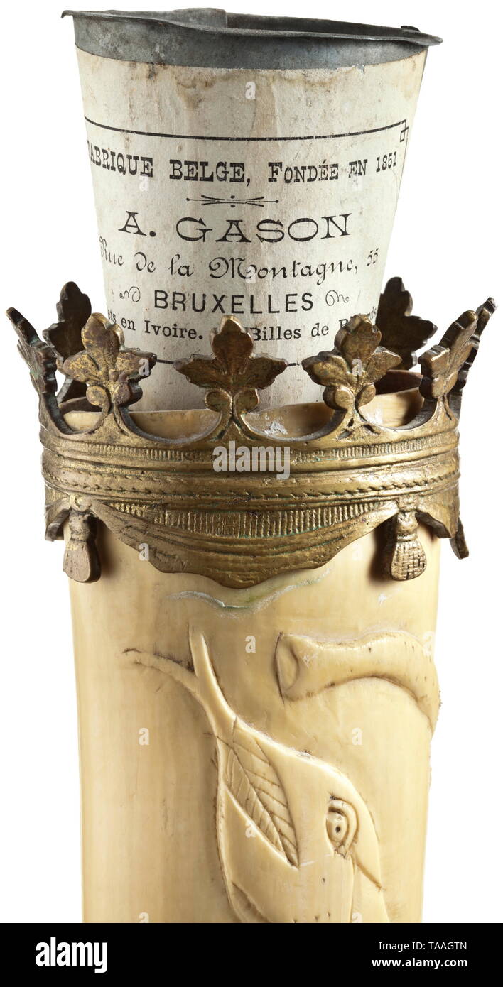 A pair of Central African/Belgian carved tusks in relief brass mounts ...