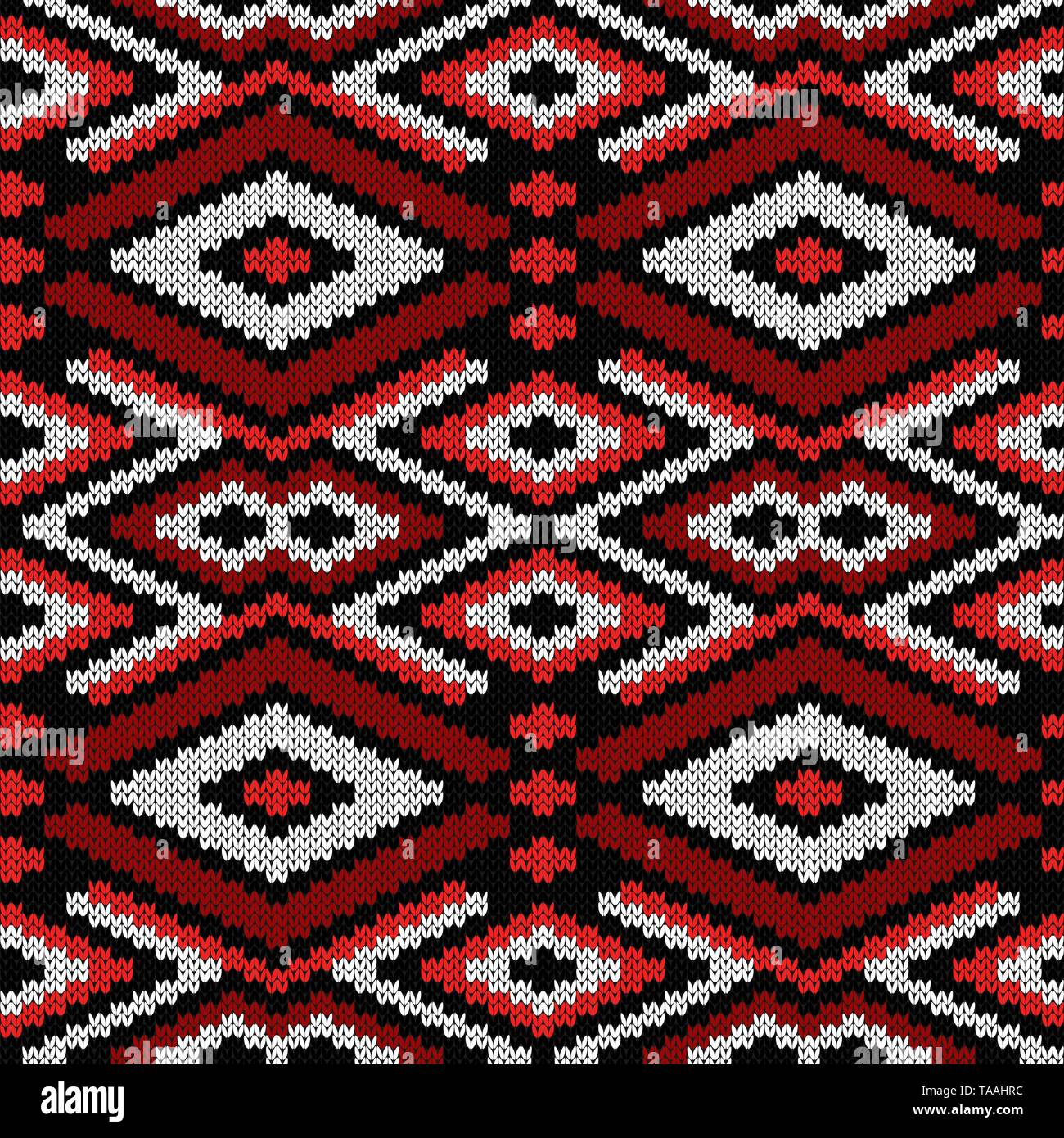 Knitting seamless vector pattern as a fabric texture in black, red and ...
