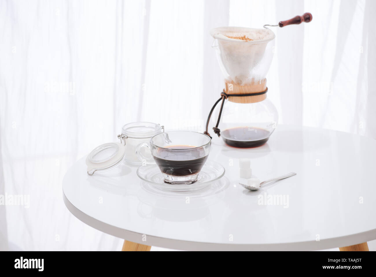 Pour over drip process coffee in retro filter effect with copy space ...