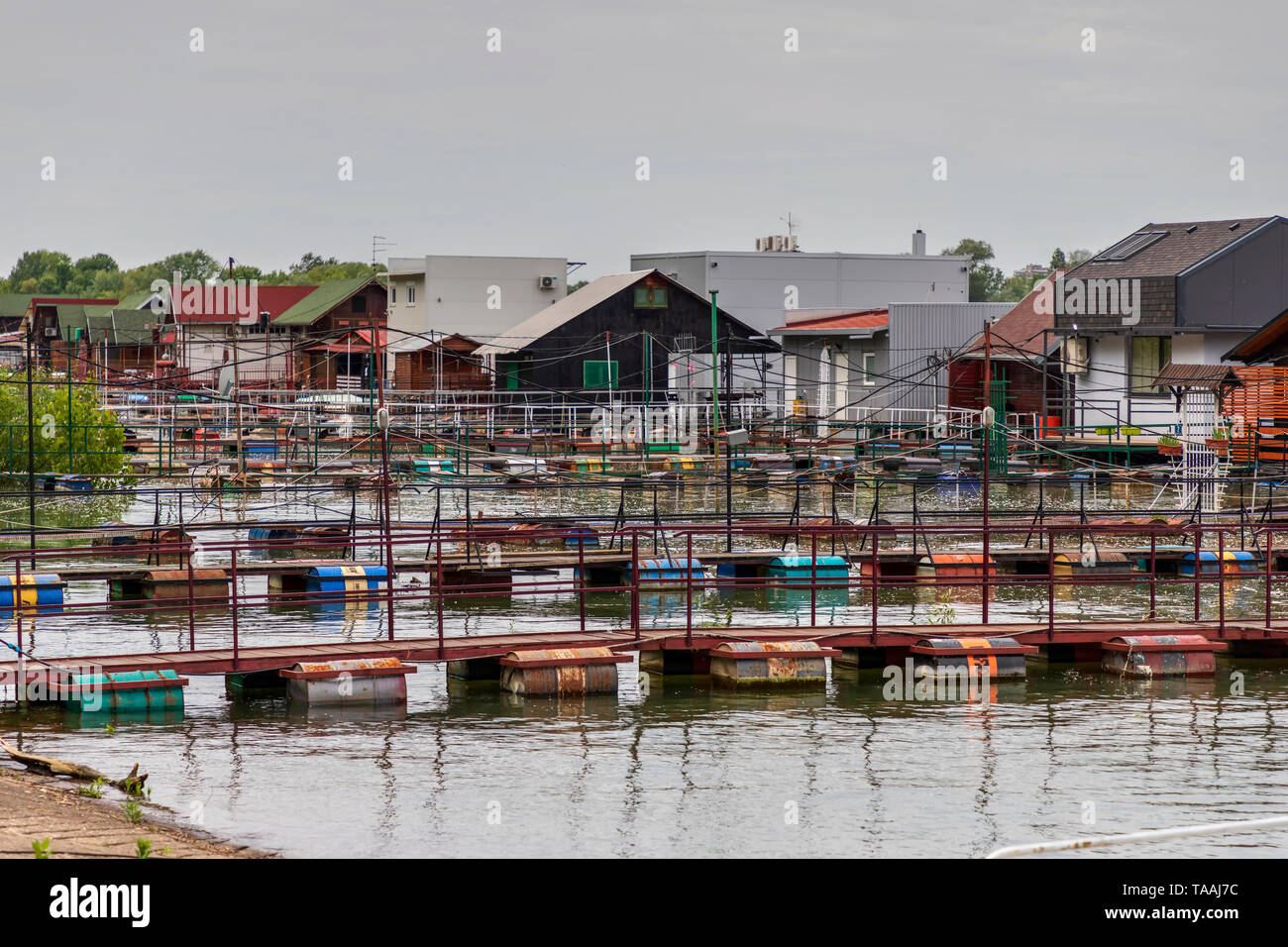 Belgrade, Serbia - Row of raft houses moored at the shoreline of Ada ...
