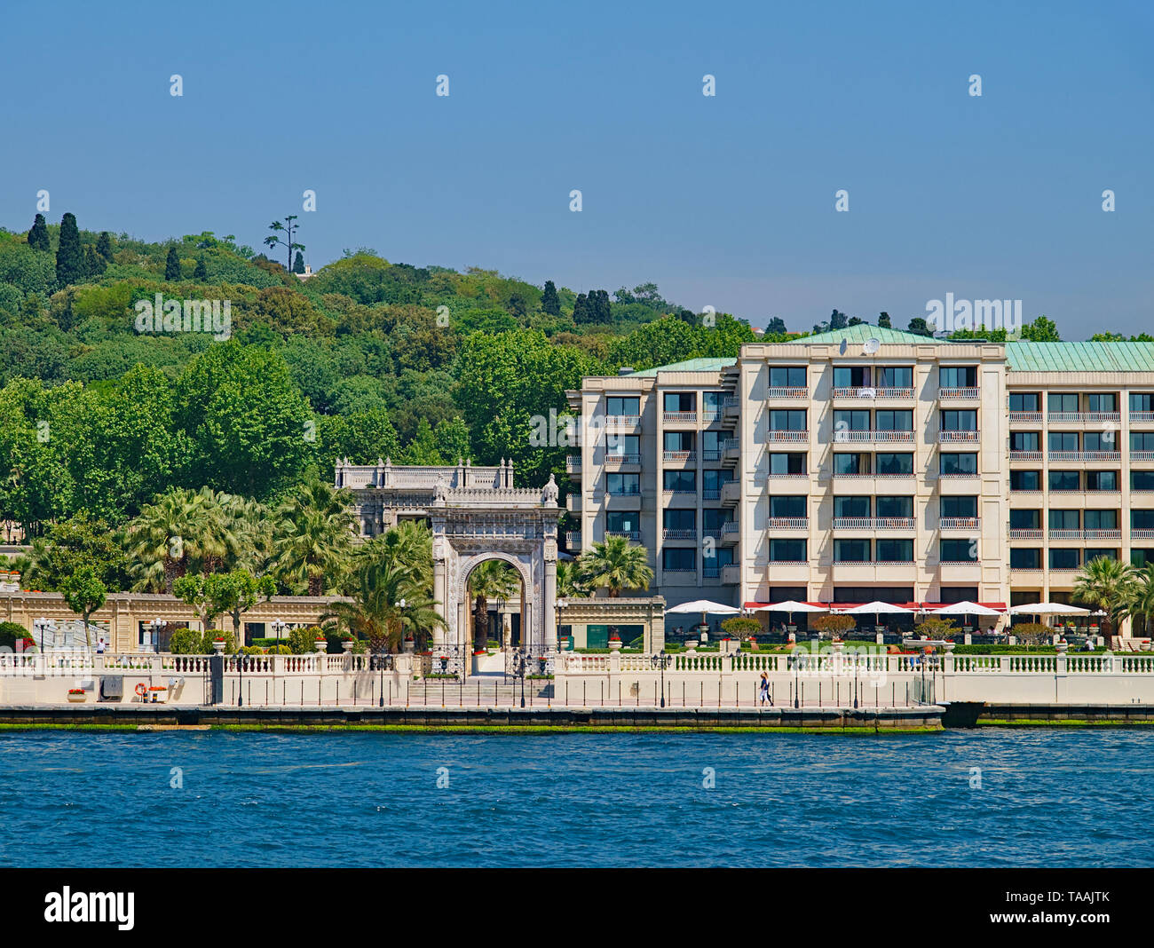 Luxurious touristic buildings on Bosporus strait, Istanbul, Turkey. Old ...