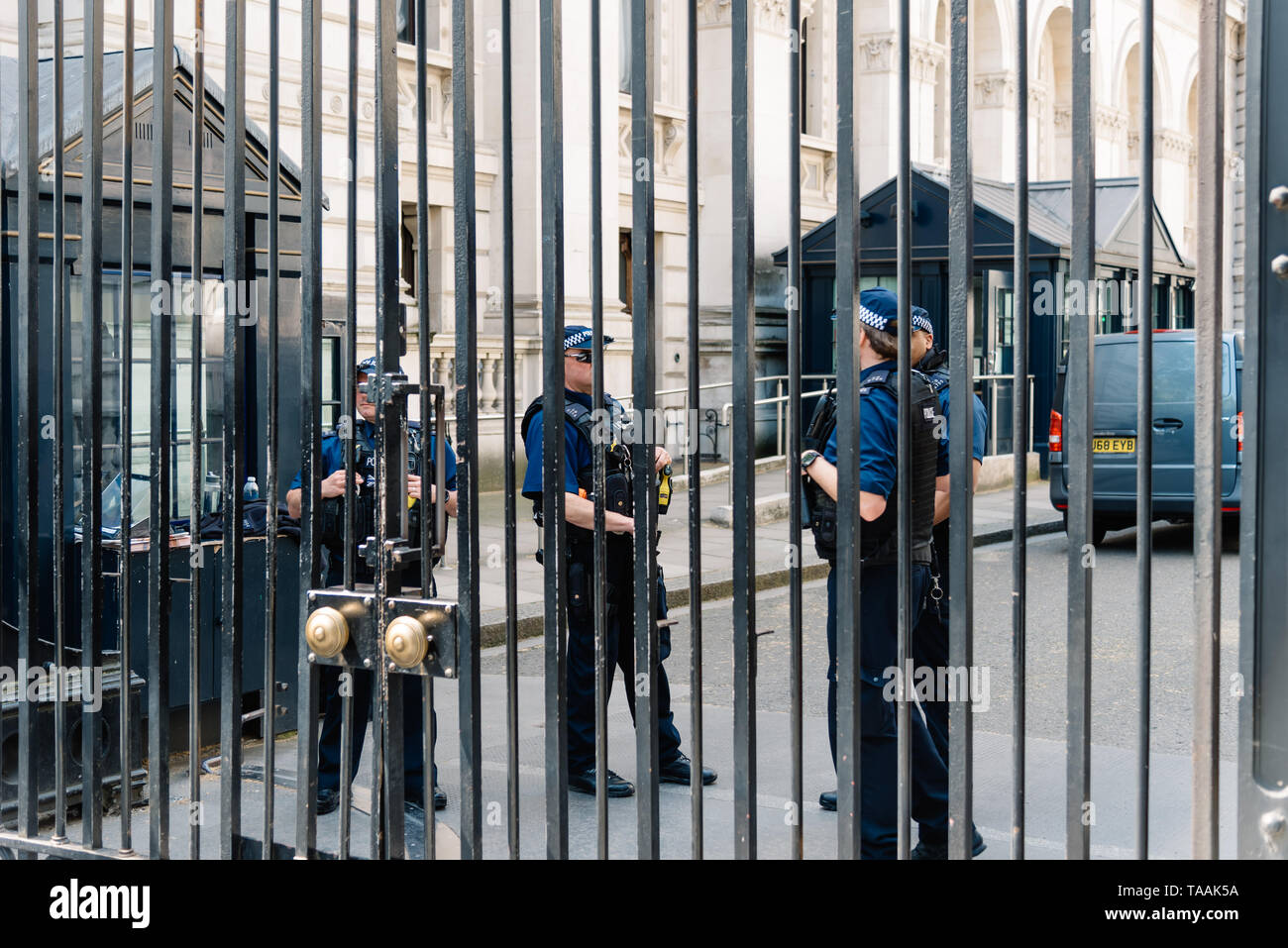 London, UK - May 14, 2019: Police officers guarding 10 Downing Street ...