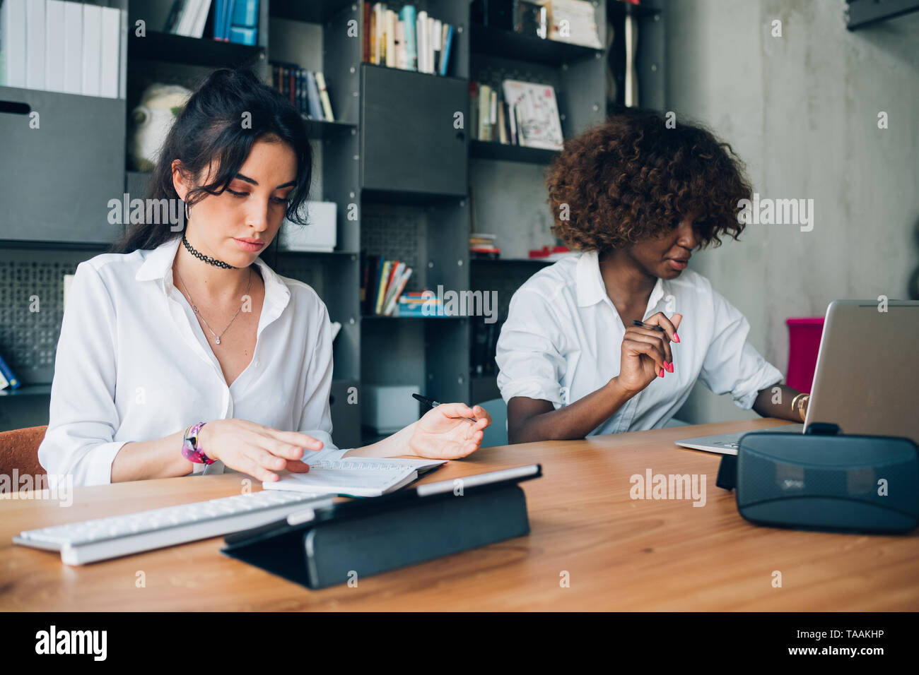 two young multiracial women working on a project in a coworking office ...