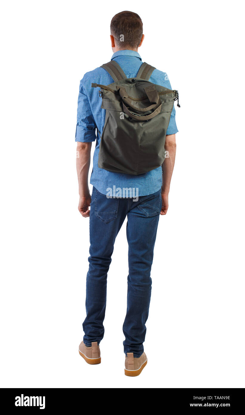 Back view of a man with a green bag. backside view of person. Rear view ...