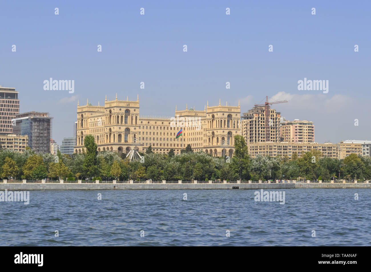 View from the Caspian sea on cityscape of Baku with House of Government ...