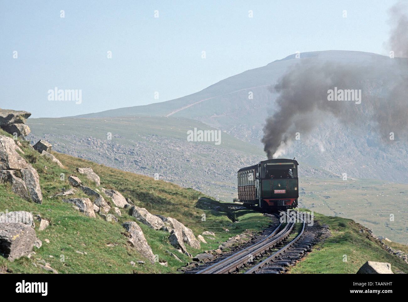 Snowdon Mountain Railway rack and pinion steam locomotive on way to Mount Snowdon summit ...