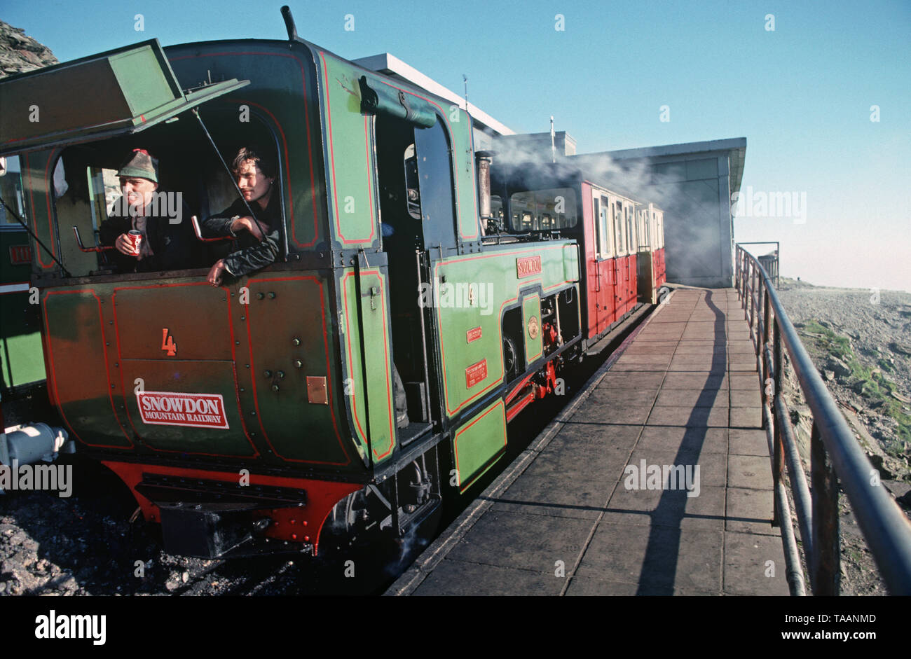 Snowdon Mountain Railway rack and pinion steam locomotive at Mount Snowdon summit, Snowdonia ...