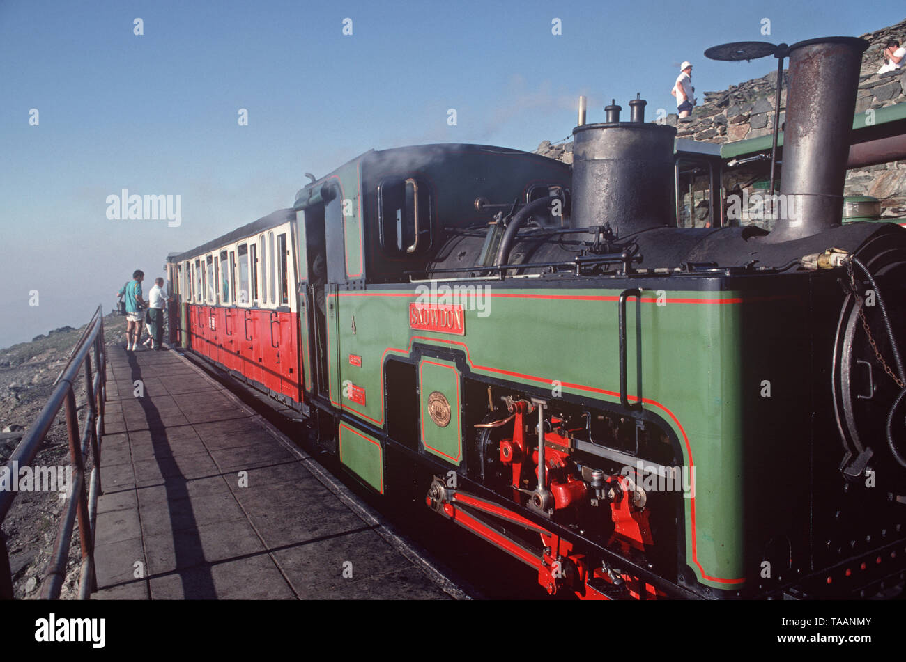 Snowdon Mountain Railway rack and pinion steam locomotive at Mount Snowdon summit, Snowdonia ...