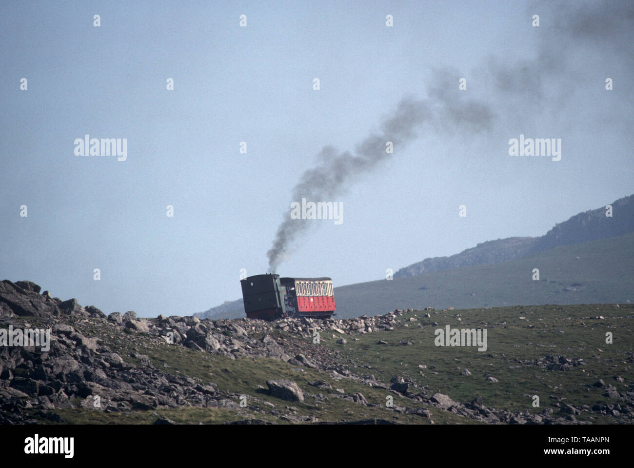 Snowdon Mountain Railway rack and pinion steam locomotive on way to Mount Snowdon summit ...