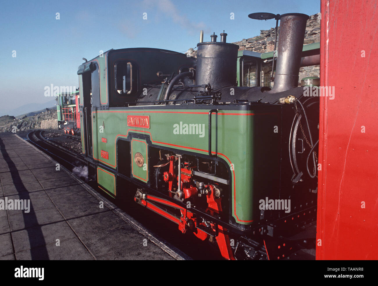 Snowdon Mountain Railway rack and pinion steam locomotive at Mount Snowdon summit, Snowdonia ...