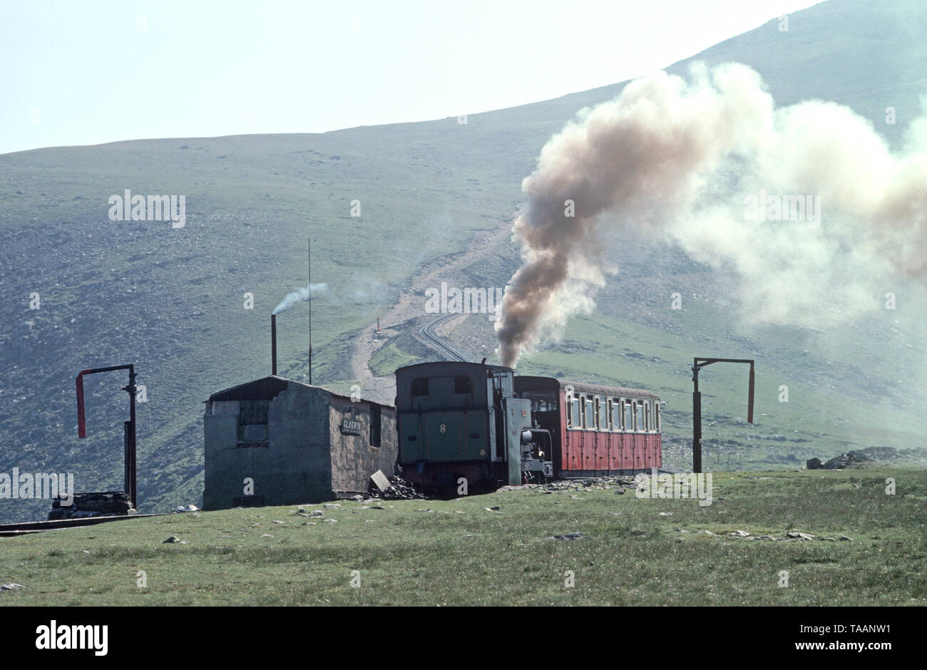 Clogwyn water stop for Snowdon Mountain Railway rack and pinion steam locomotive on way to Mount ...
