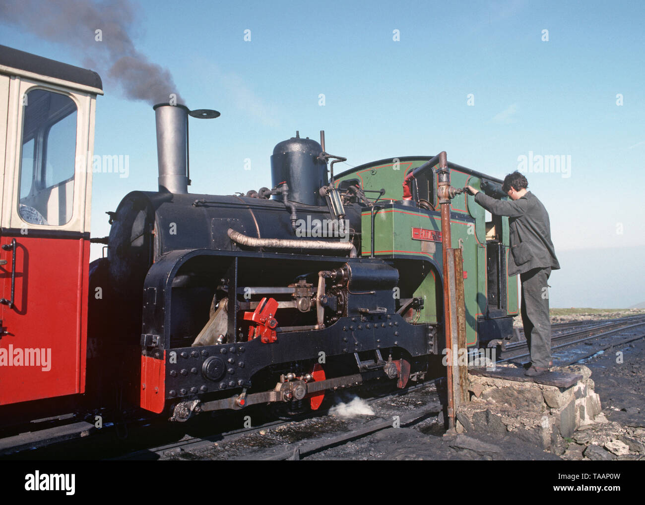 Half Way water stop on Snowdon Mountain Railway rack and pinion steam locomotive on way to Mount ...