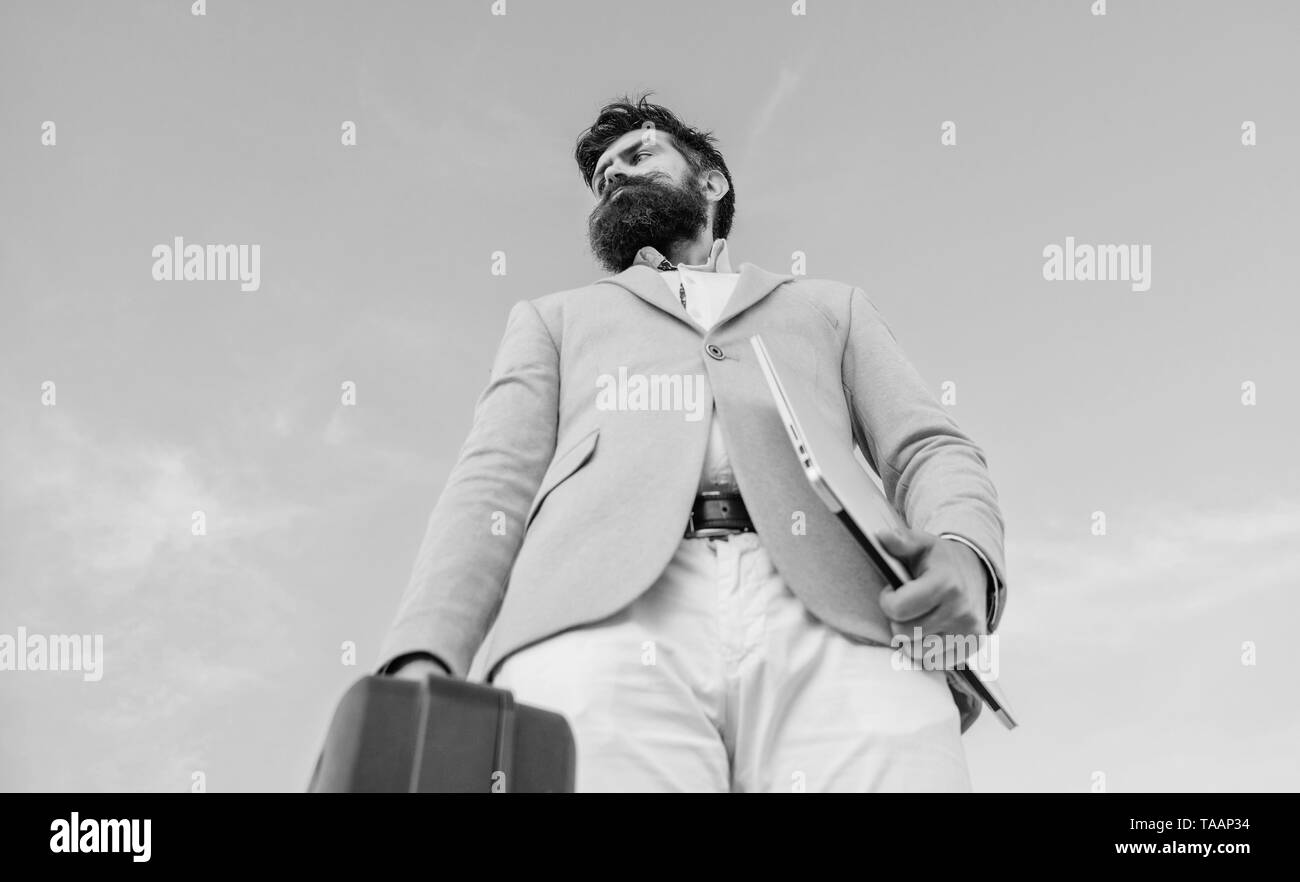 Illegal deal business. Hipster bearded face hold briefcase with bribe ...