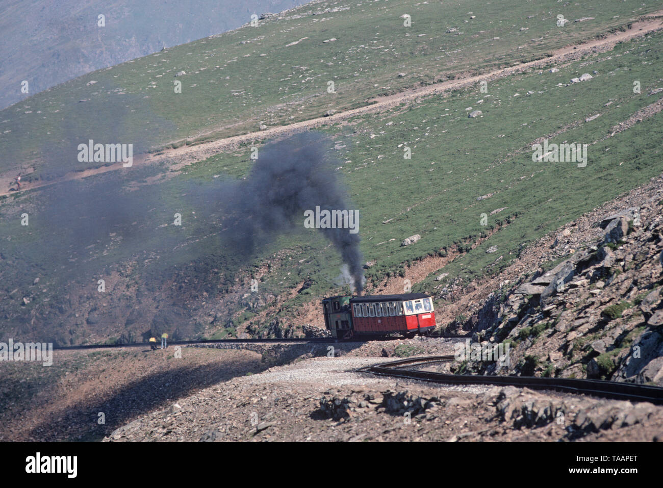 Snowdon Mountain Railway rack and pinion steam locomotive on way to Mount Snowdon summit ...