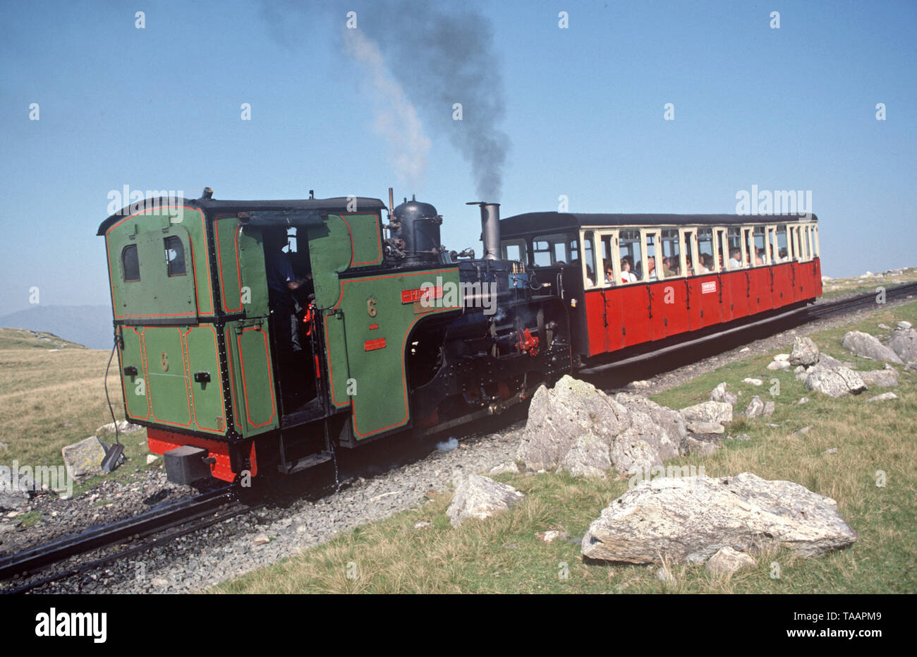 Snowdon Mountain Railway rack and pinion steam locomotive on way to Mount Snowdon summit ...