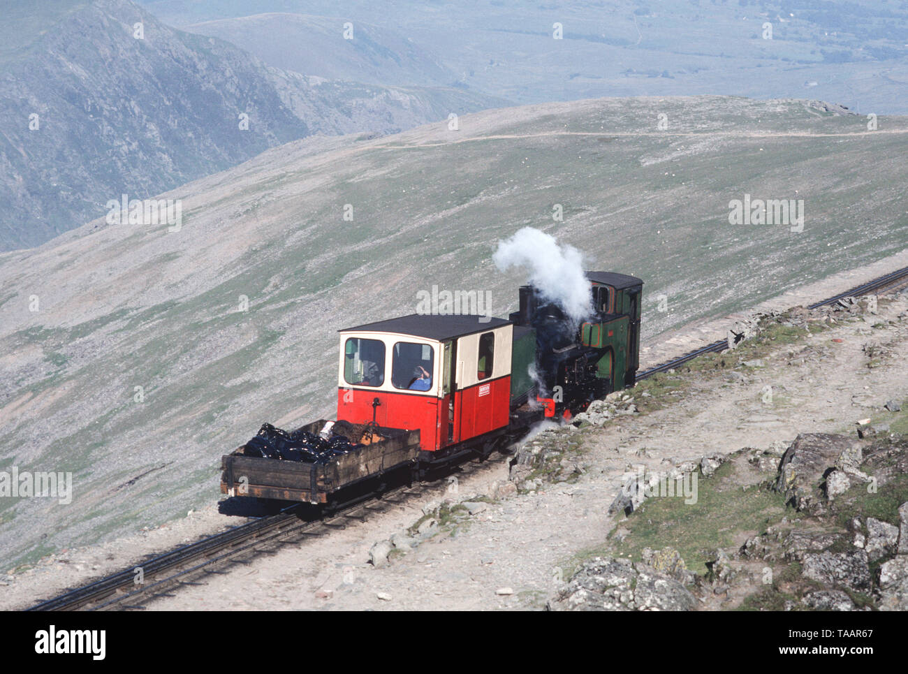 Snowdon Mountain Railway rack and pinion steam locomotive with garbage from the Mount Snowdon ...