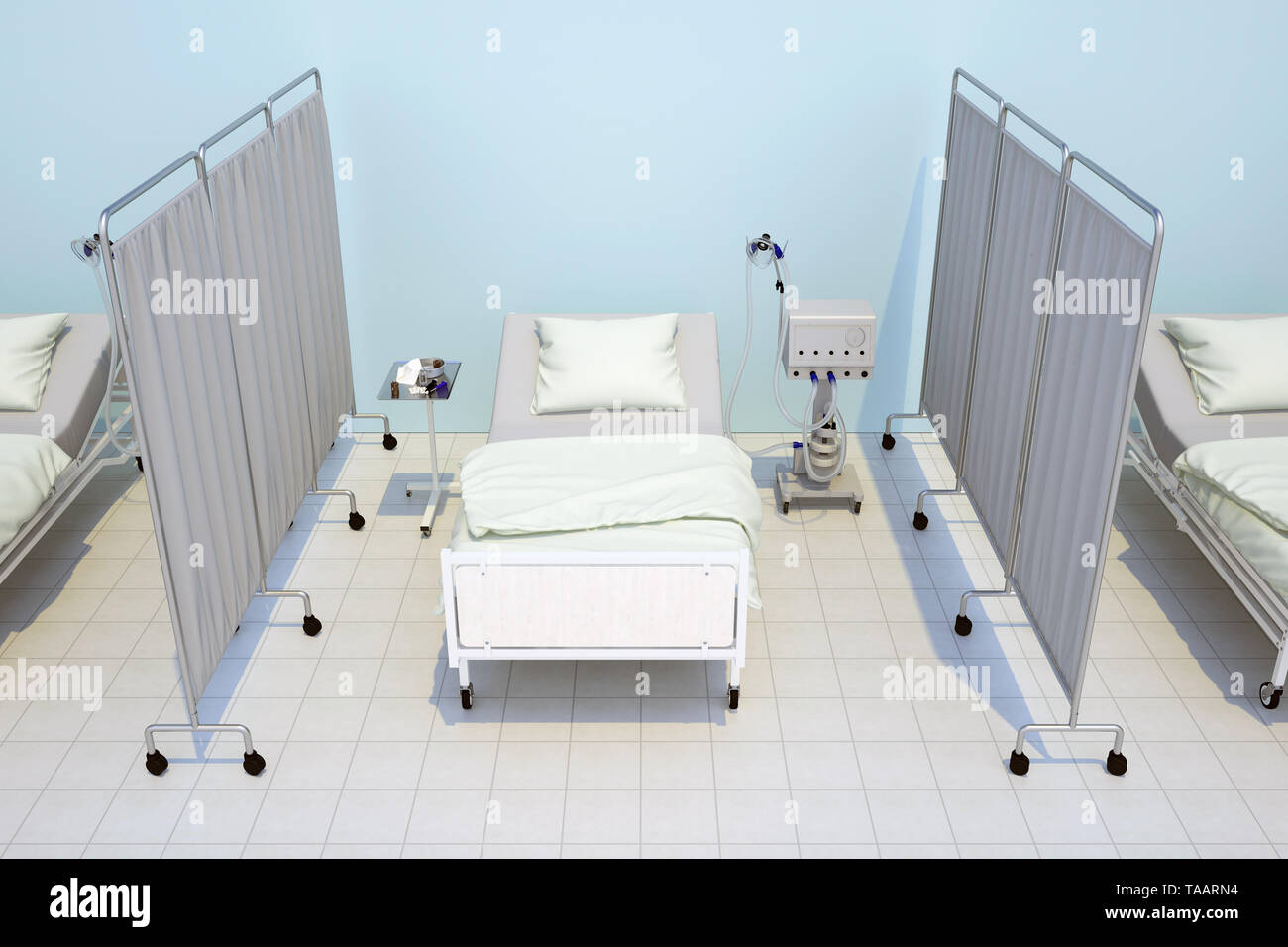 empty hospital bed closed with partitions. 3d rendering Stock Photo - Alamy