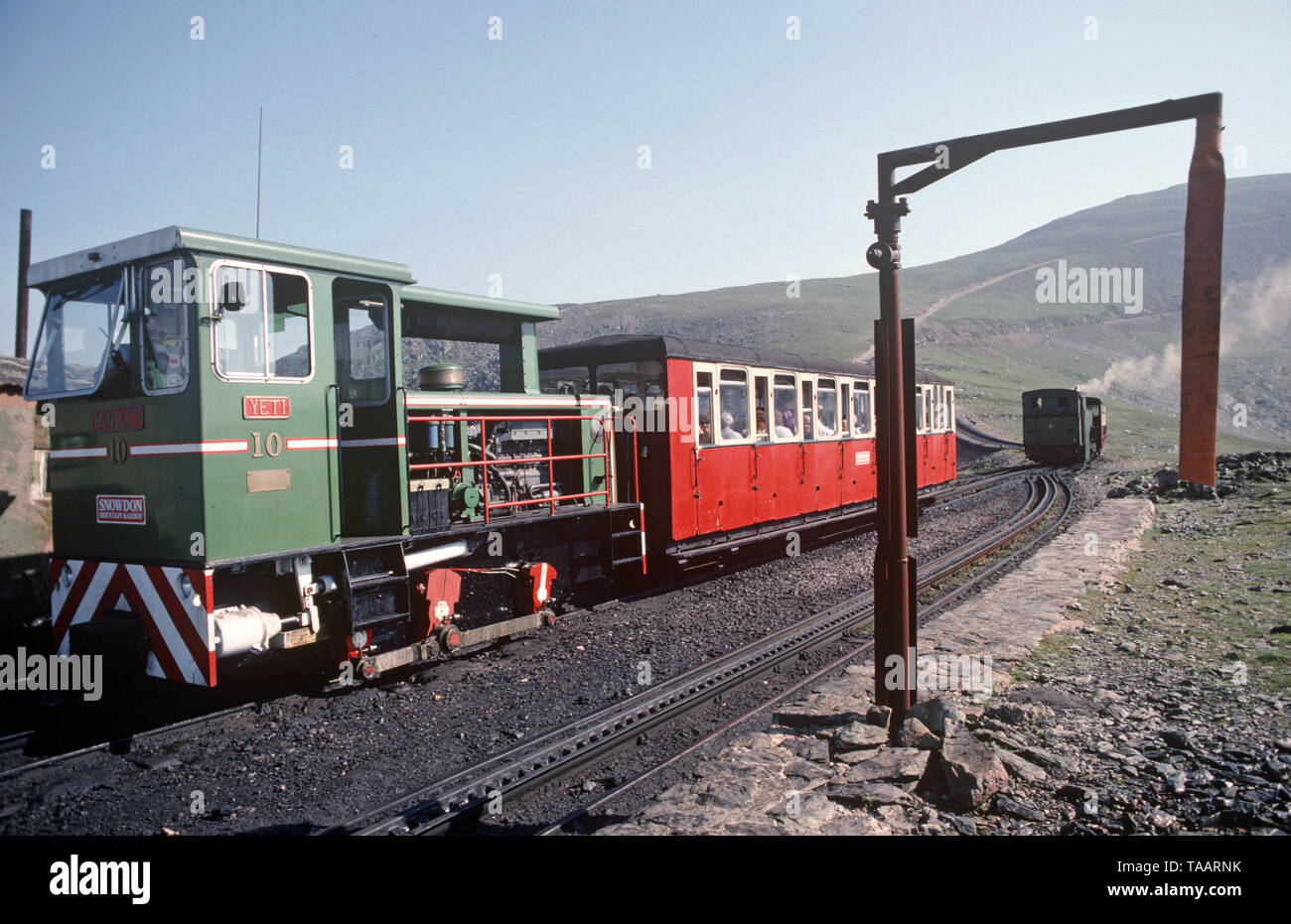 Clogwyn stop for Snowdon Mountain Railway rack and pinion diesel locomotive on way to Mount ...