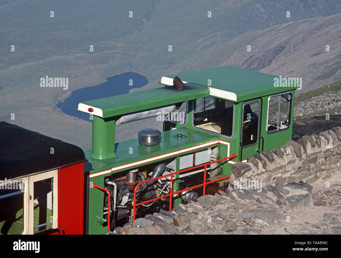 Snowdon Mountain Railway rack and pinion diesel locomotive at Mount Snowdon summit, Snowdonia ...