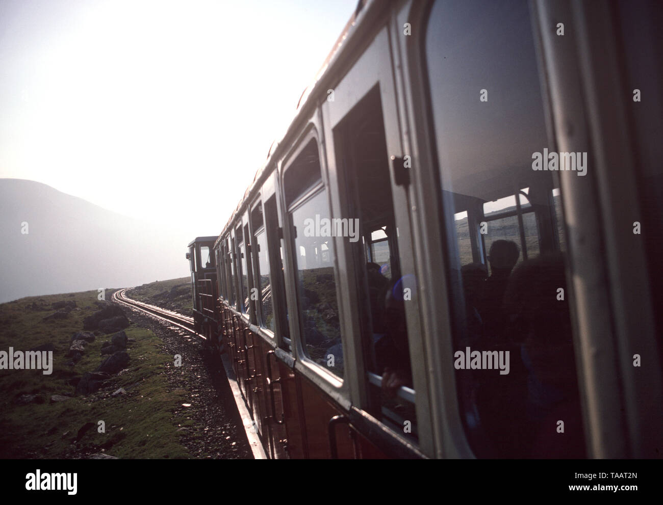 Snowdon Mountain Railway rack and pinion diesel locomotive reaching Mount Snowdon summit ...