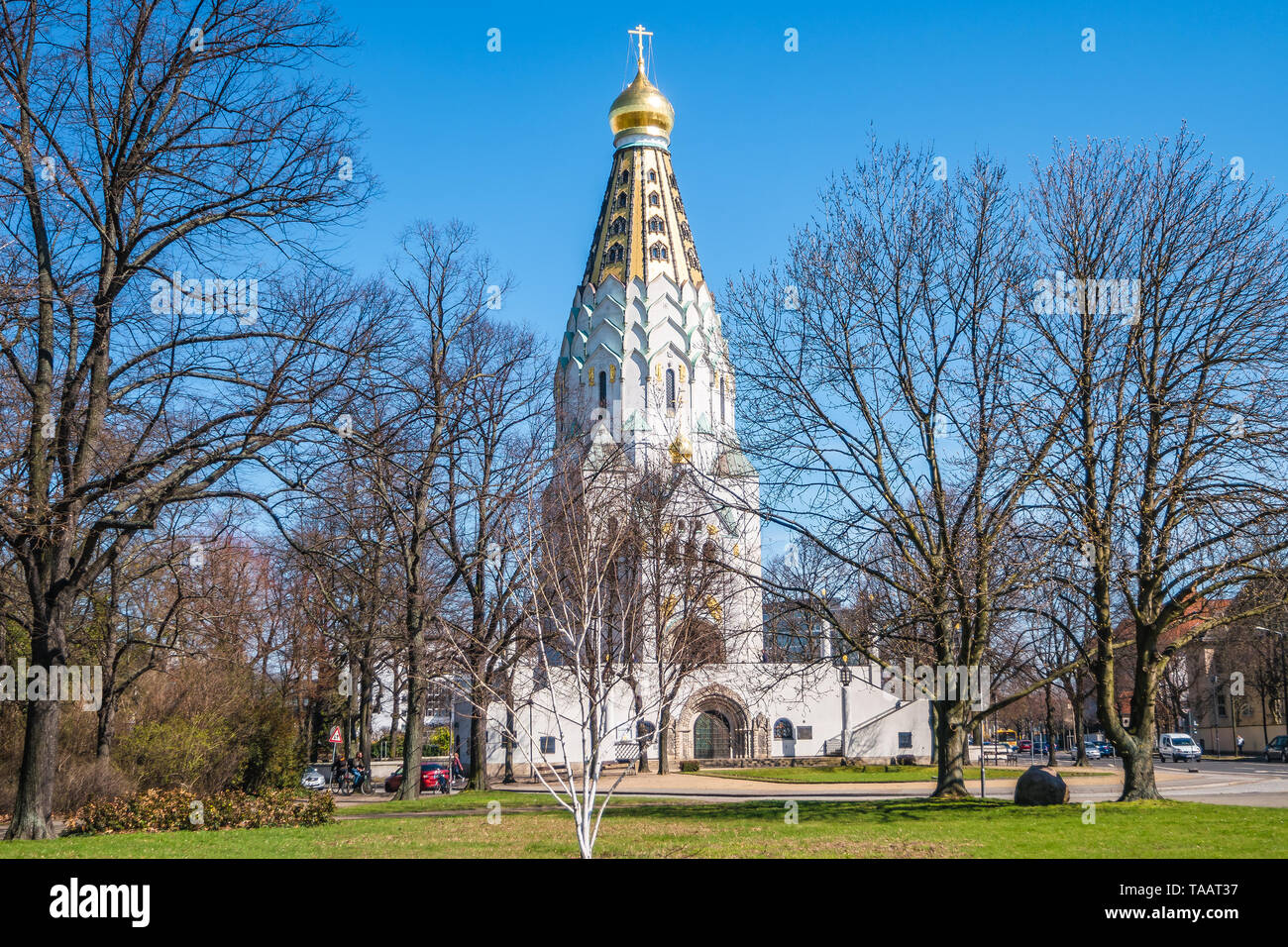 Russian Orthodox Memorial Church in Leipzig, Germany, sunny day, blue ...