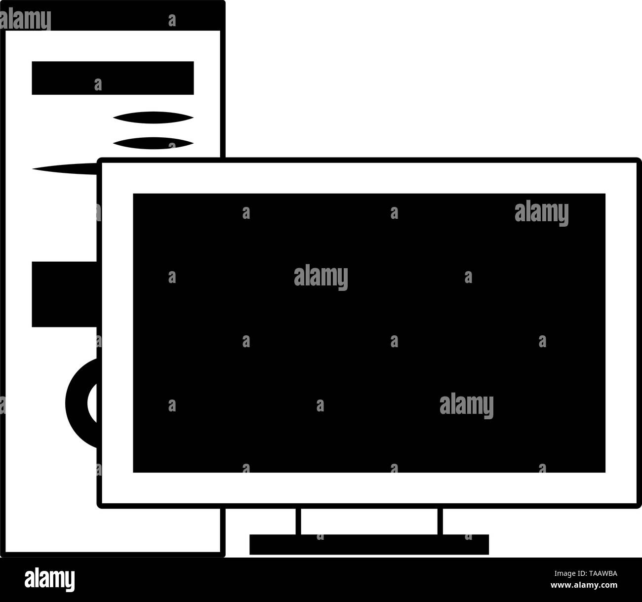 Desk computer monitor and cpu technology in black and white Stock ...