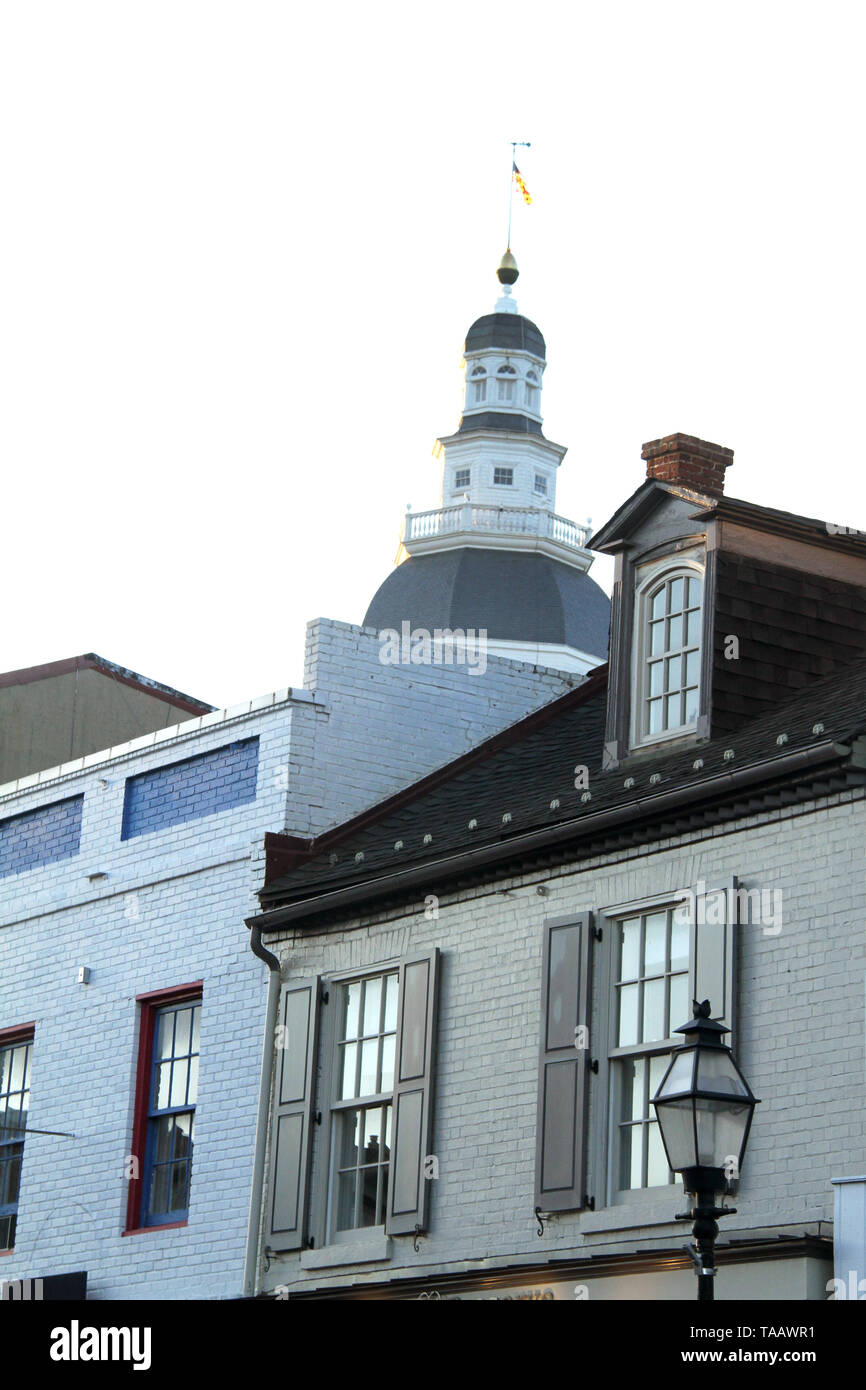 Buildings in historic Annapolis, with dome of the Maryland State House ...