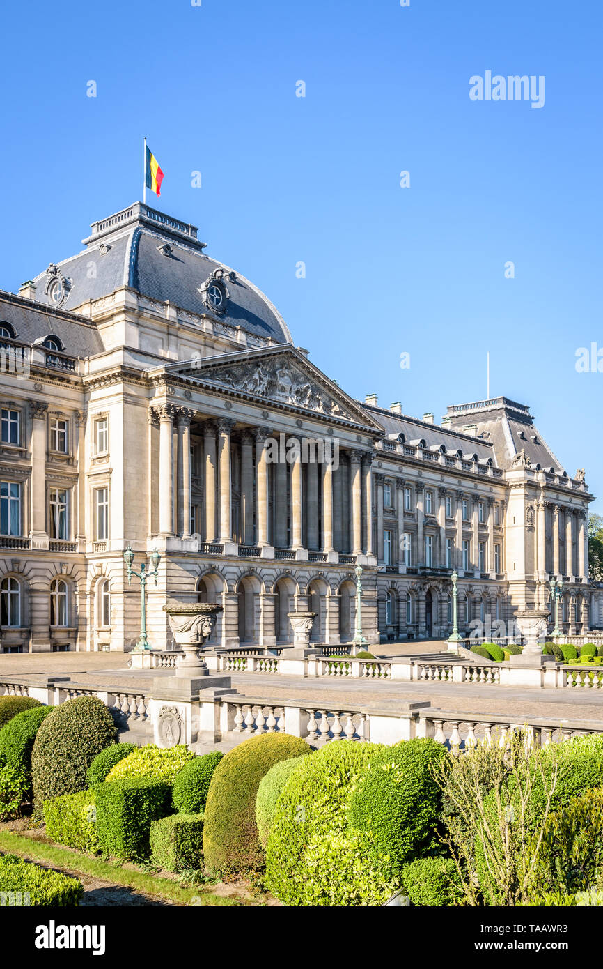 Main facade and front garden of the Royal Palace of Brussels, the ...