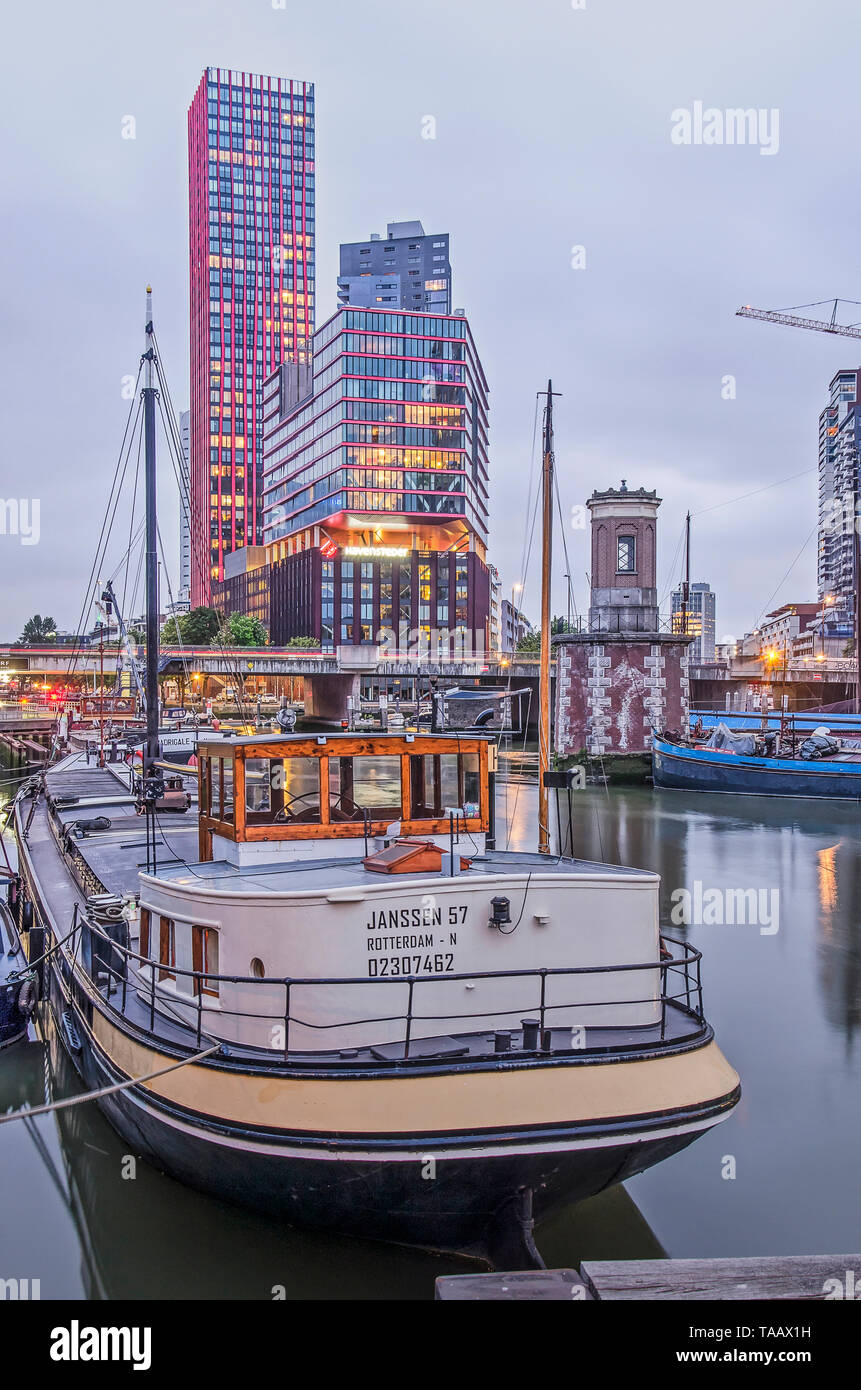 Rotterdam, The Netherlands, May 21, 2019: Wijnhaven harbour at dusk ...