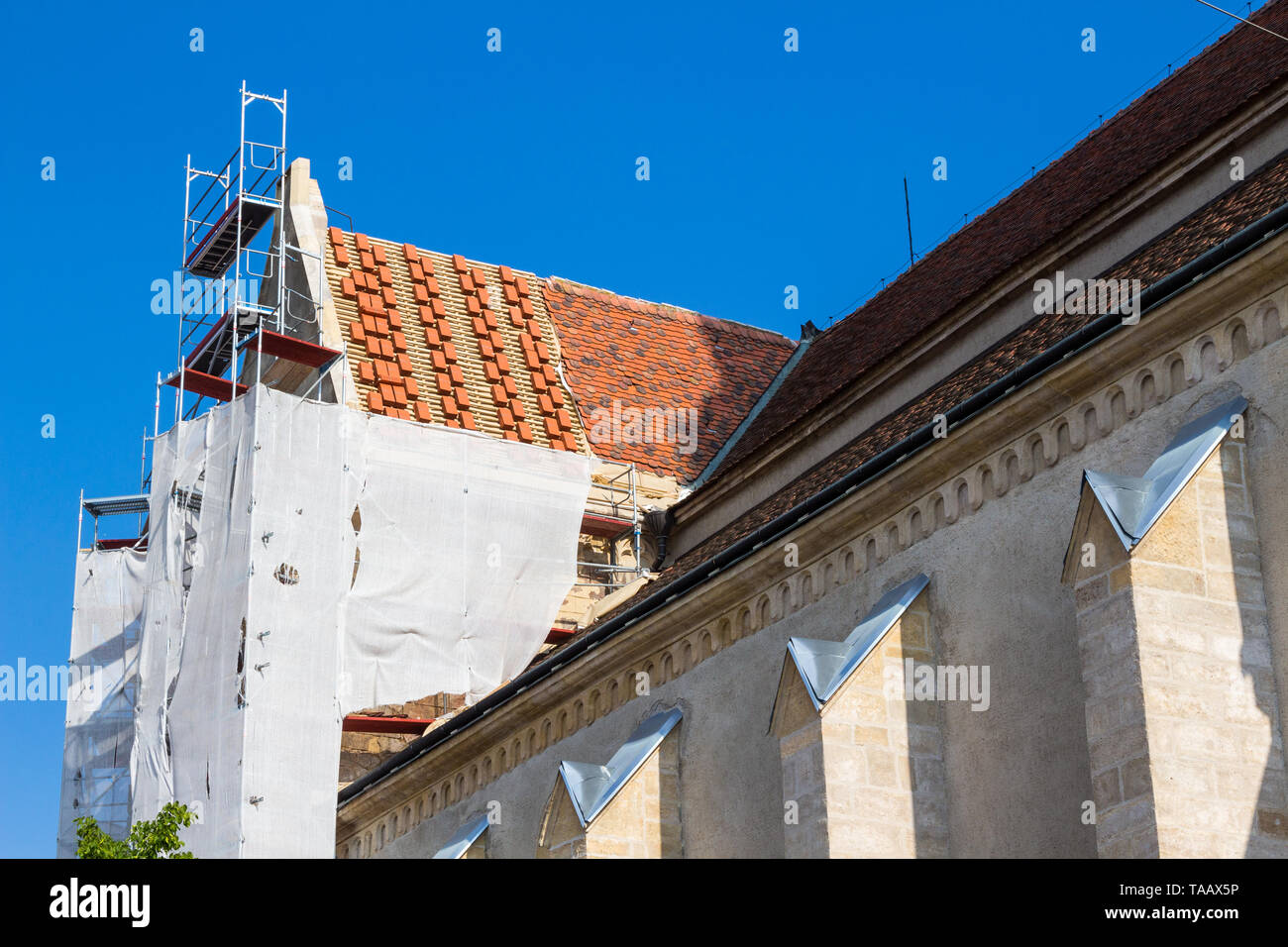 Medieval church roof during renovation, Szent Mihaly templom, Sopron ...