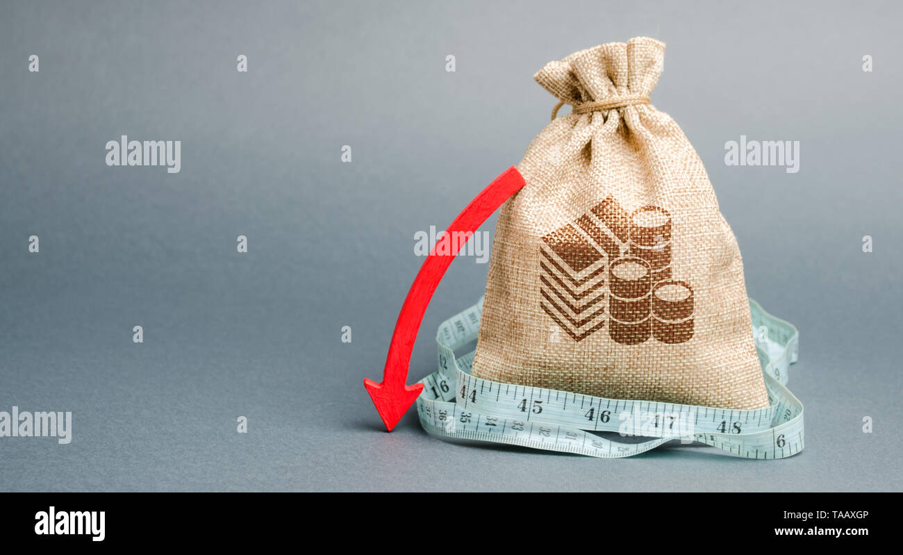 Money bag with red arrow down. The concept of reducing profits ...