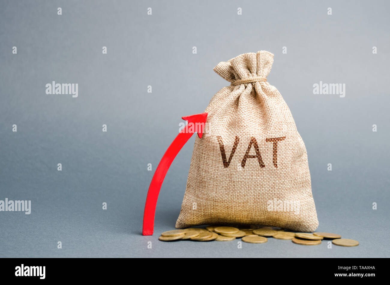Money bag and red up arrow. The concept of increasing VAT tax. Tax ...