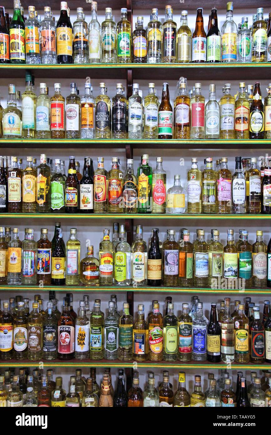 PARATY, BRAZIL - OCTOBER 14, 2014: Cachaca alcohol bottles collection ...