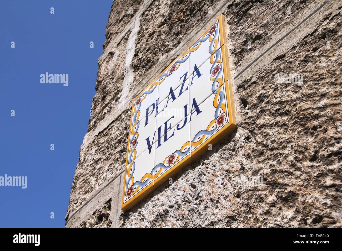 Havana, Cuba - ceramic street sign at Plaza Vieja, famous old town ...