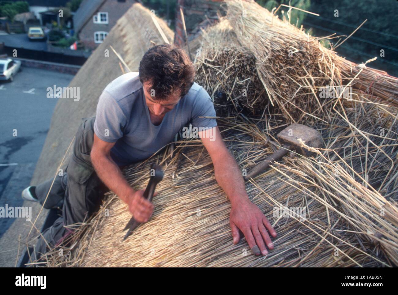 Thatcher working on roof trimming thatch, UK Stock Photo - Alamy